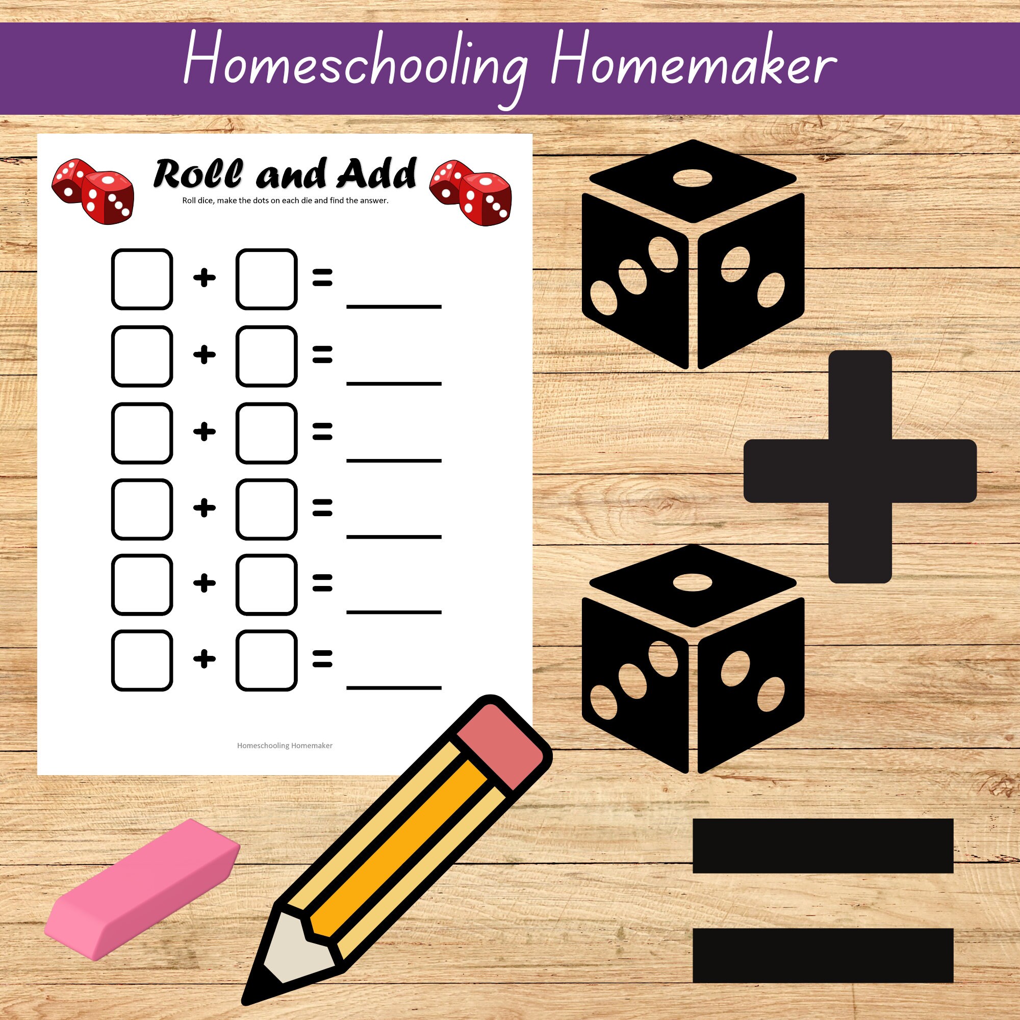 Roll and Add Math Practice Worksheet for Kids, Kindergarten, Elementary ...