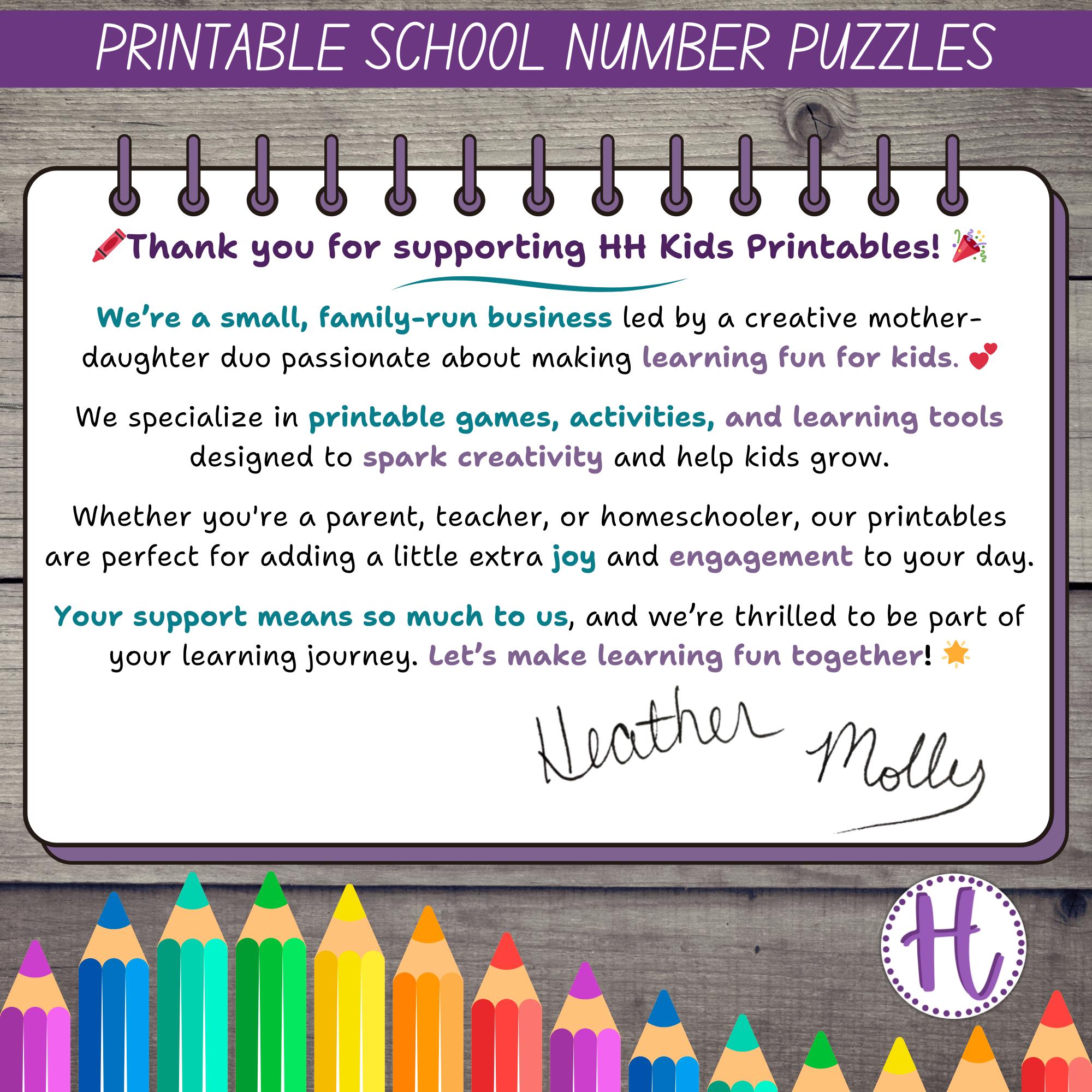 School Number Puzzles: Fun Printable Learning Activity (PDF) - Etsy