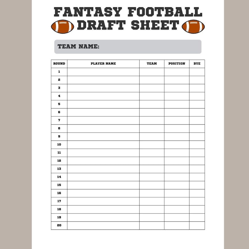 Fantasy Football Draft Sheet: Printable Draft Day Kit (digital Download ...