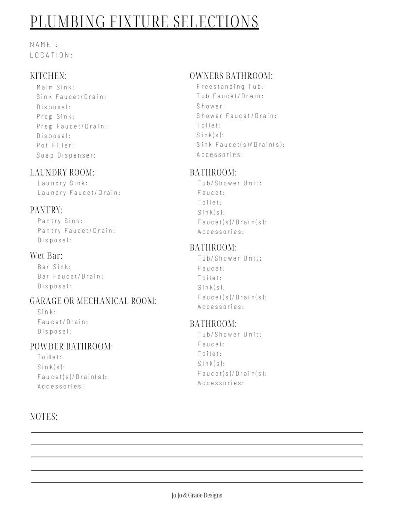 Plumbing Fixture Selection Sheet: New Home Design (digital Download) - Etsy