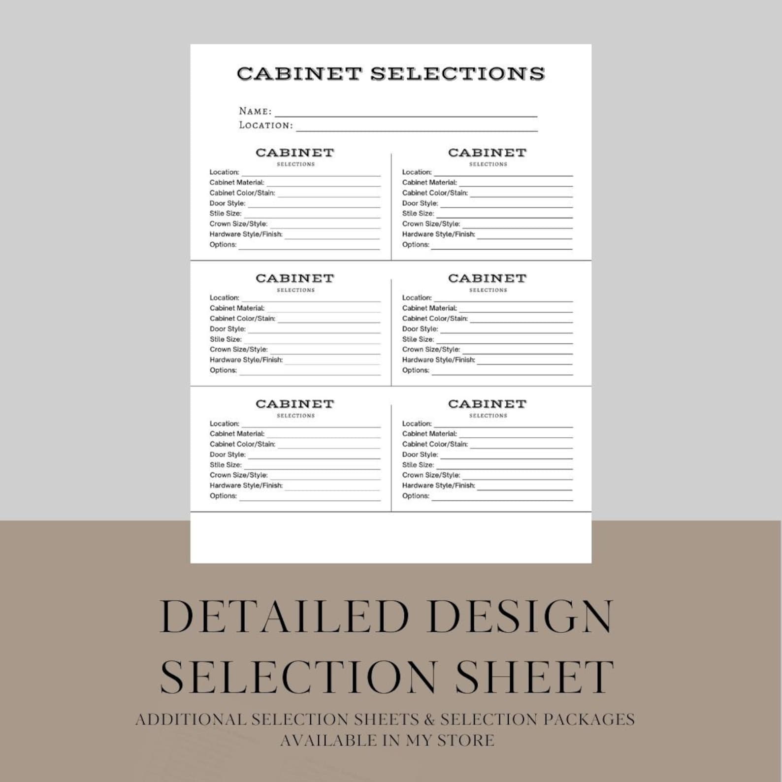 Cabinet Design Selection Sheet: Home Building Template (digital ...