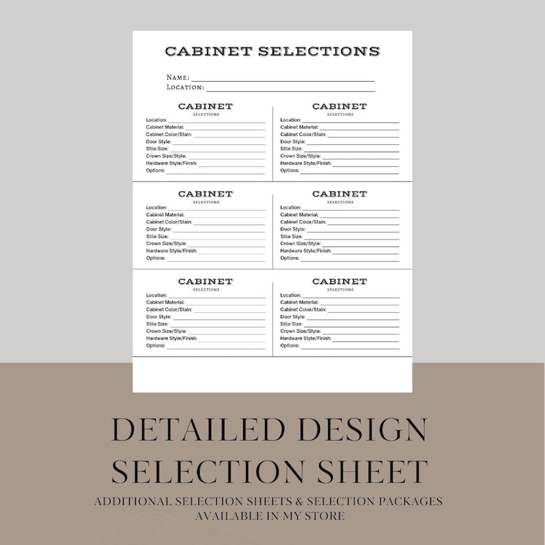 Cabinet Design Selection Sheet: Home Building Template (digital ...