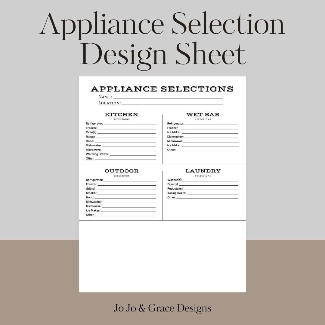 Appliance Selection Design Sheet, Building Product Sheet, Builder ...