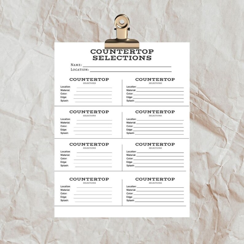 Countertop Design Selection Sheet, Home Building Product Template ...