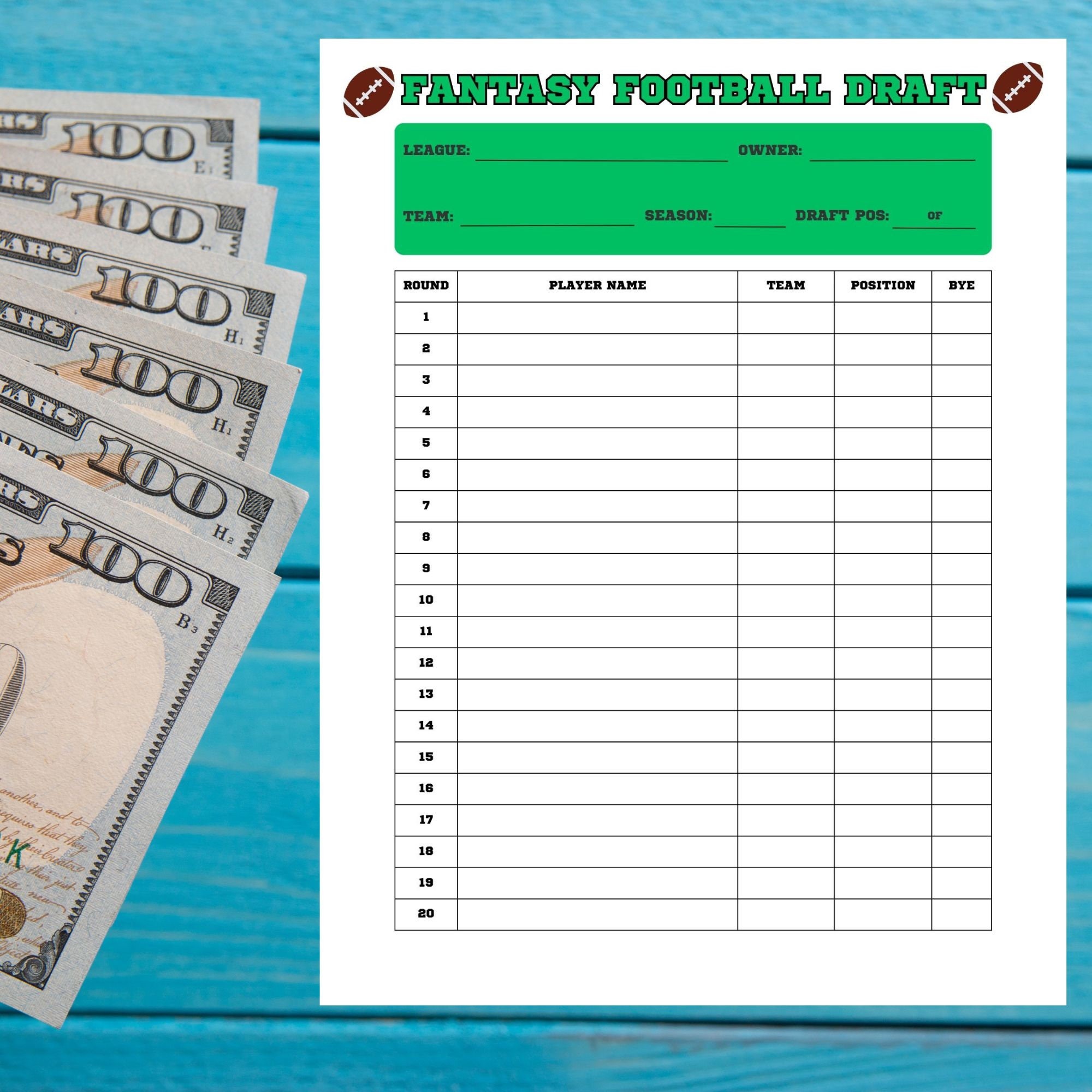 Fantasy Football Draft Sheet: Printable Draft Day Kit (PDF & JPEG) - Etsy
