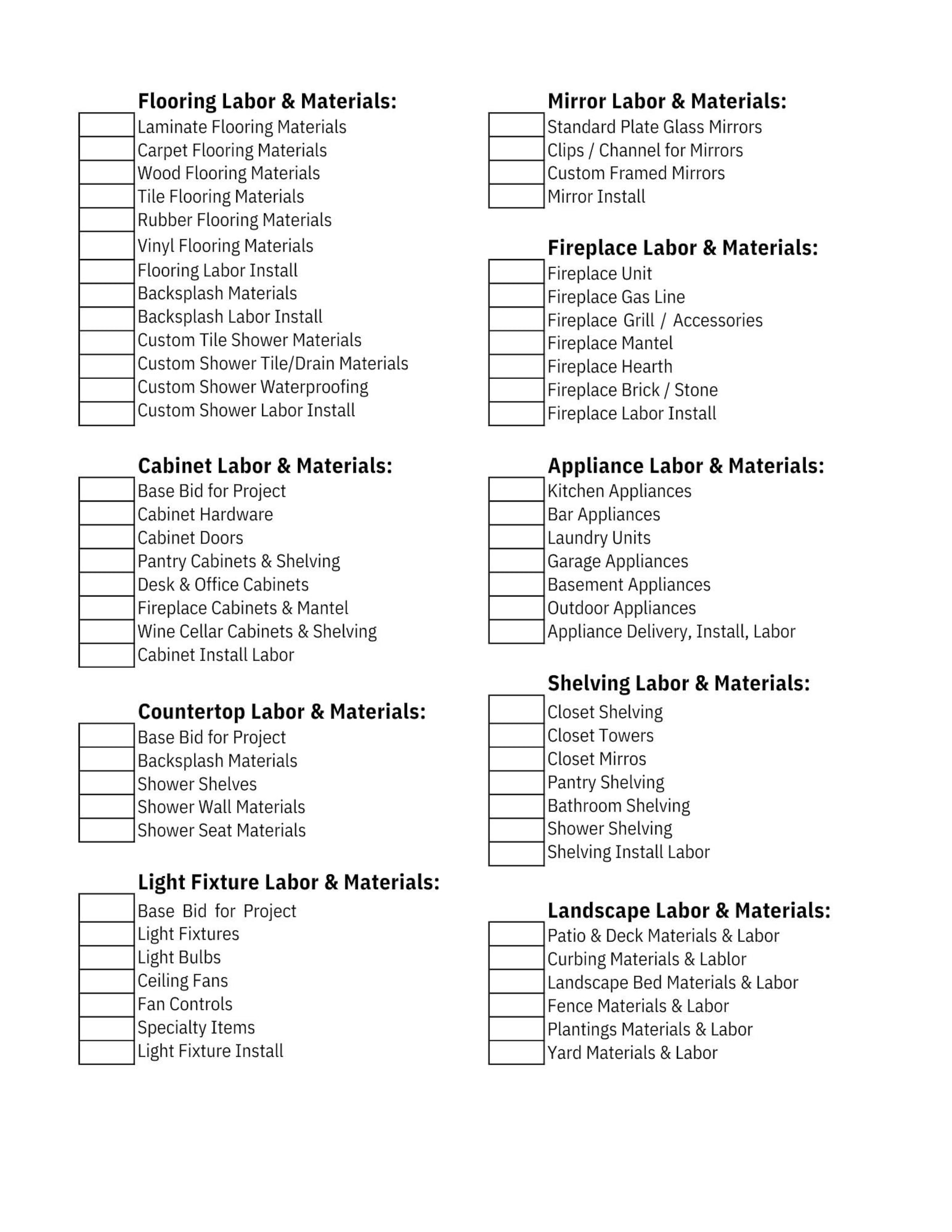 New Home Construction Estimating Checklist (printable PDF) - Etsy