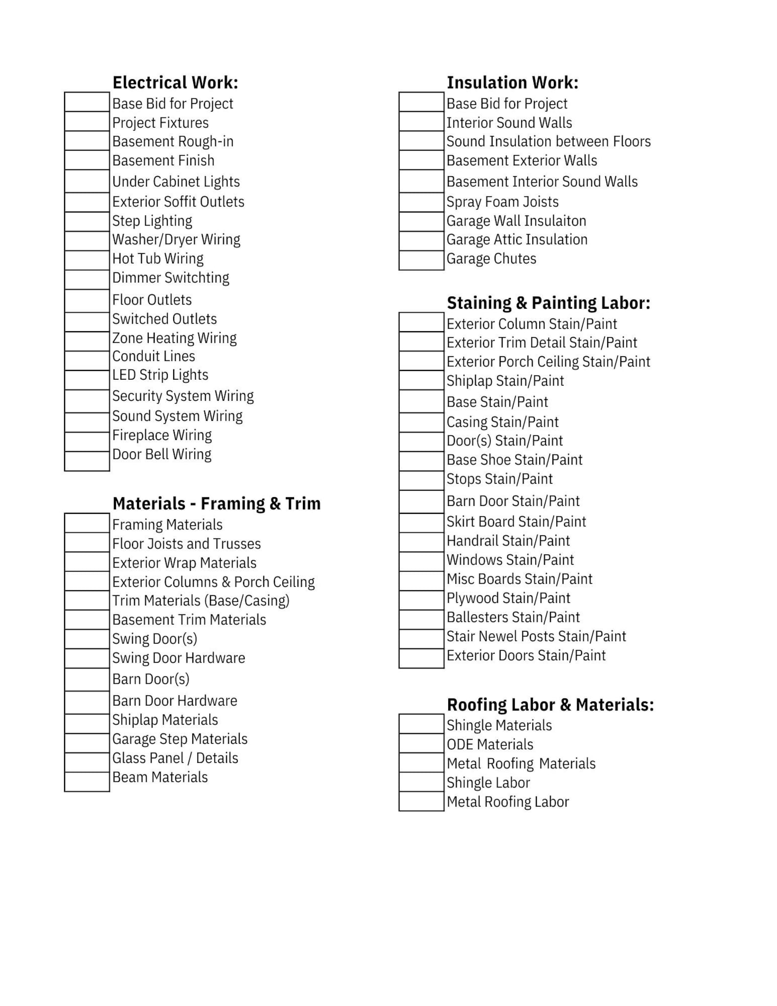 New Home Construction Estimating Checklist (printable PDF) - Etsy