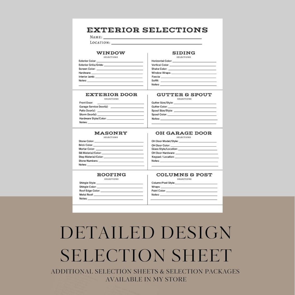 Exterior House Design Selection Sheet: Builder Color Selections ...