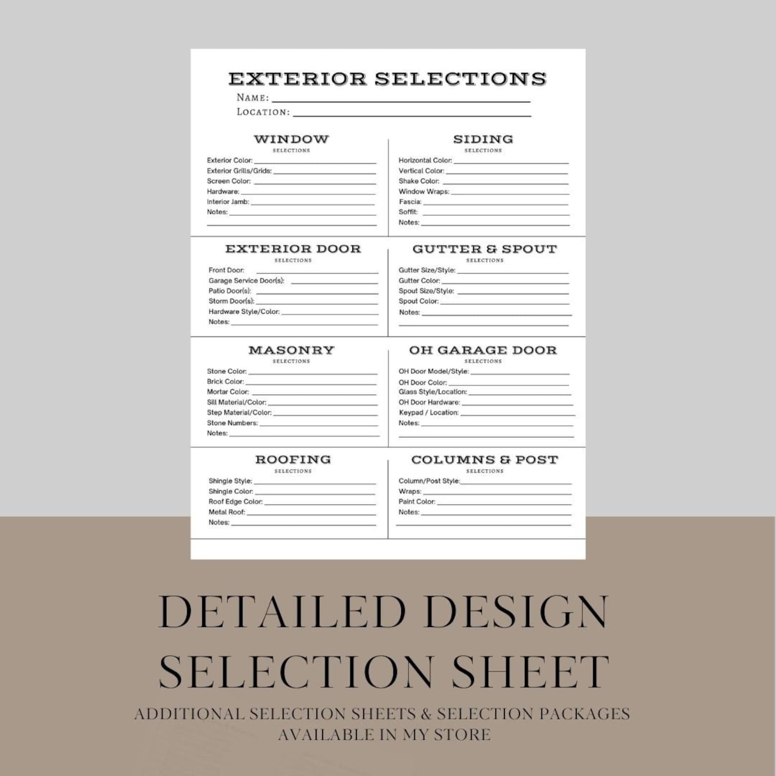 Exterior House Design Selection Sheet: Builder Color Selections ...