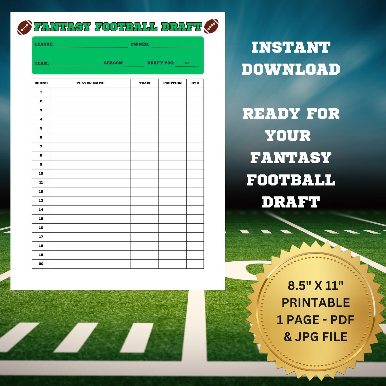 Fantasy Football Draft Sheet, Football Draft Kit Paper, Fantasy ...