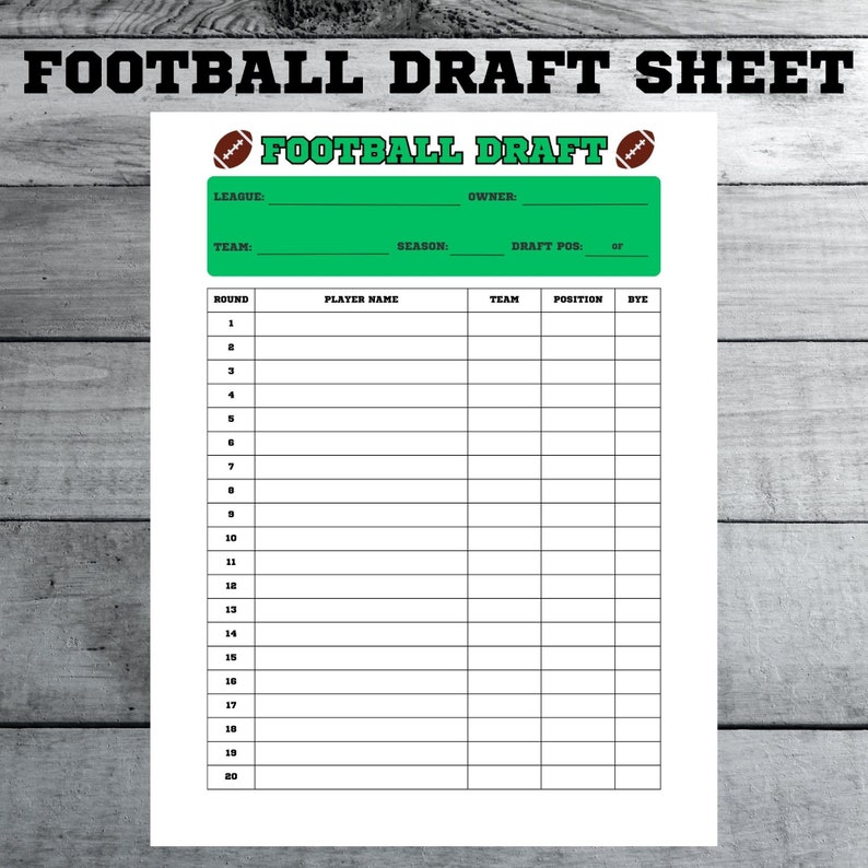 Football Draft Day Sheet, Fantasy Draft Printable, Drafting League ...