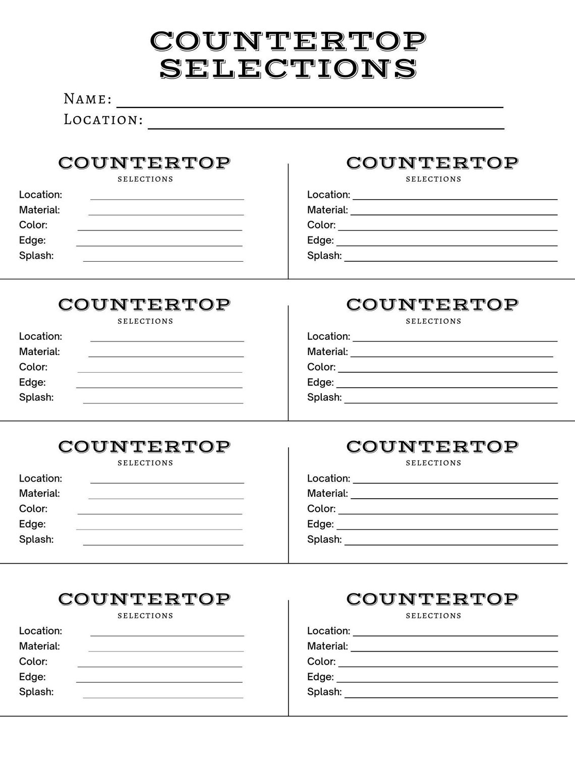 Countertop Design Selection Sheet, Home Building Product Template ...