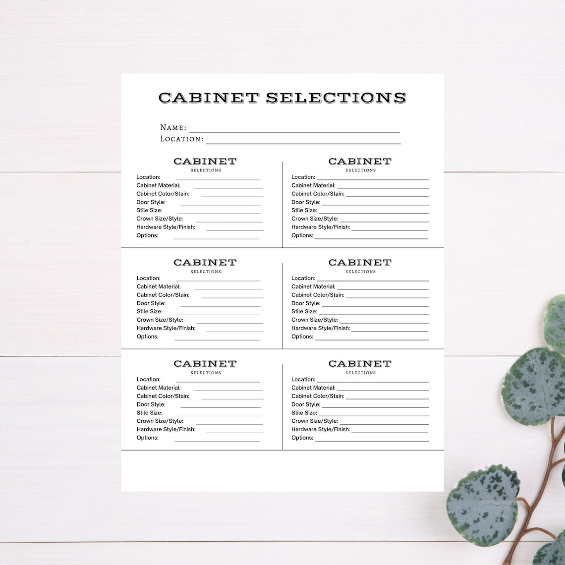 Cabinet Design Selection Sheet: Home Building Template (digital ...