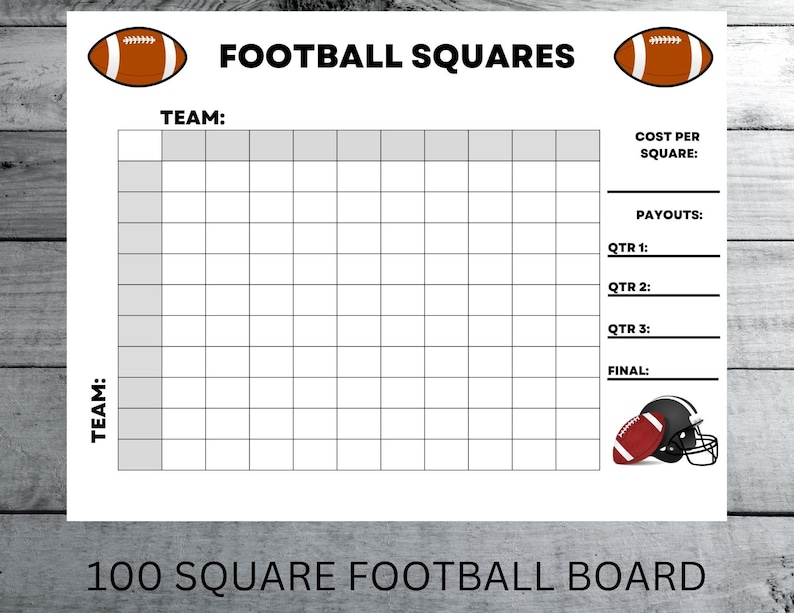 Football Squares Game Board: 100 Square Grid (digital Download) - Etsy