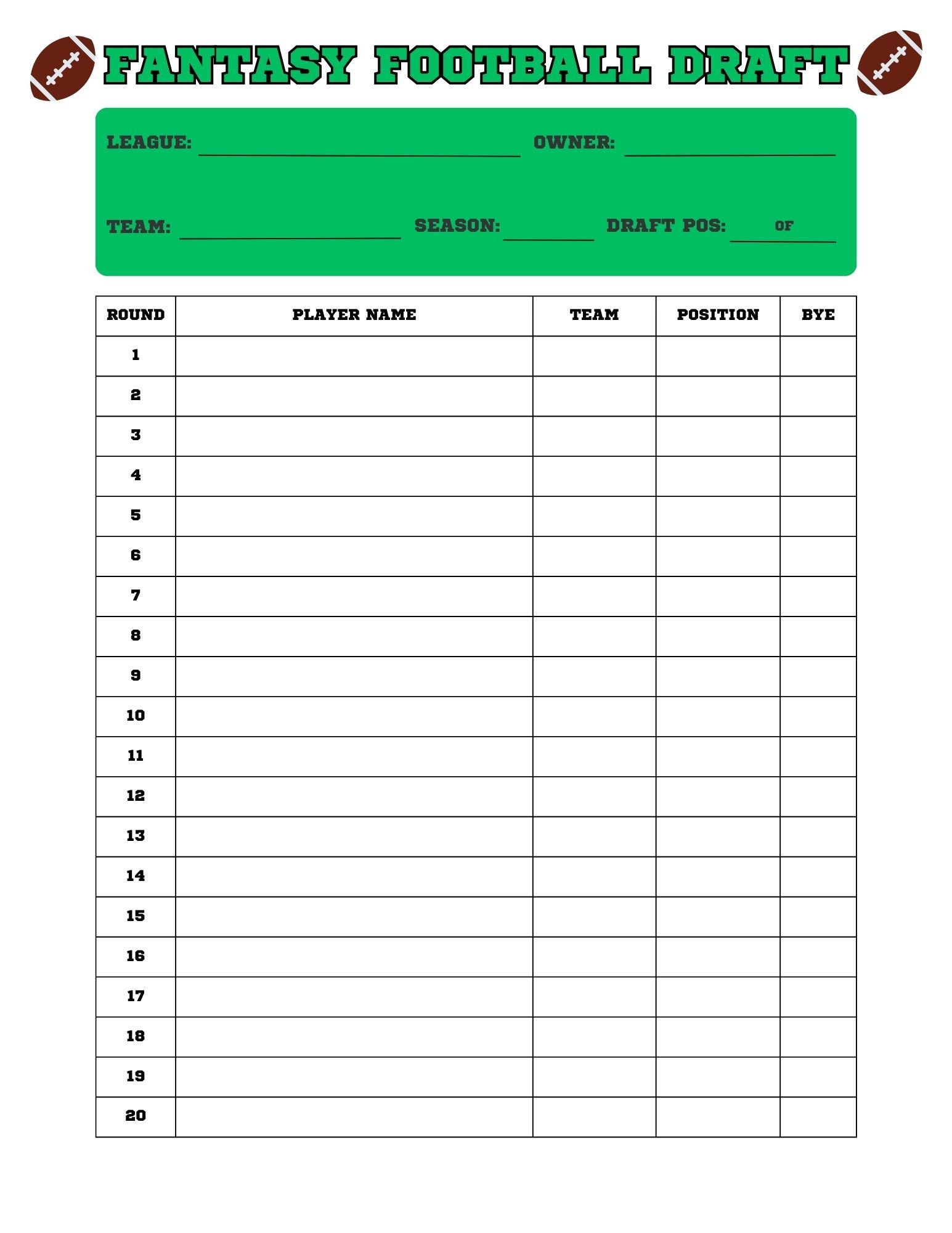 Fantasy Football Draft Sheet: Printable Draft Day Kit (PDF & JPEG) - Etsy