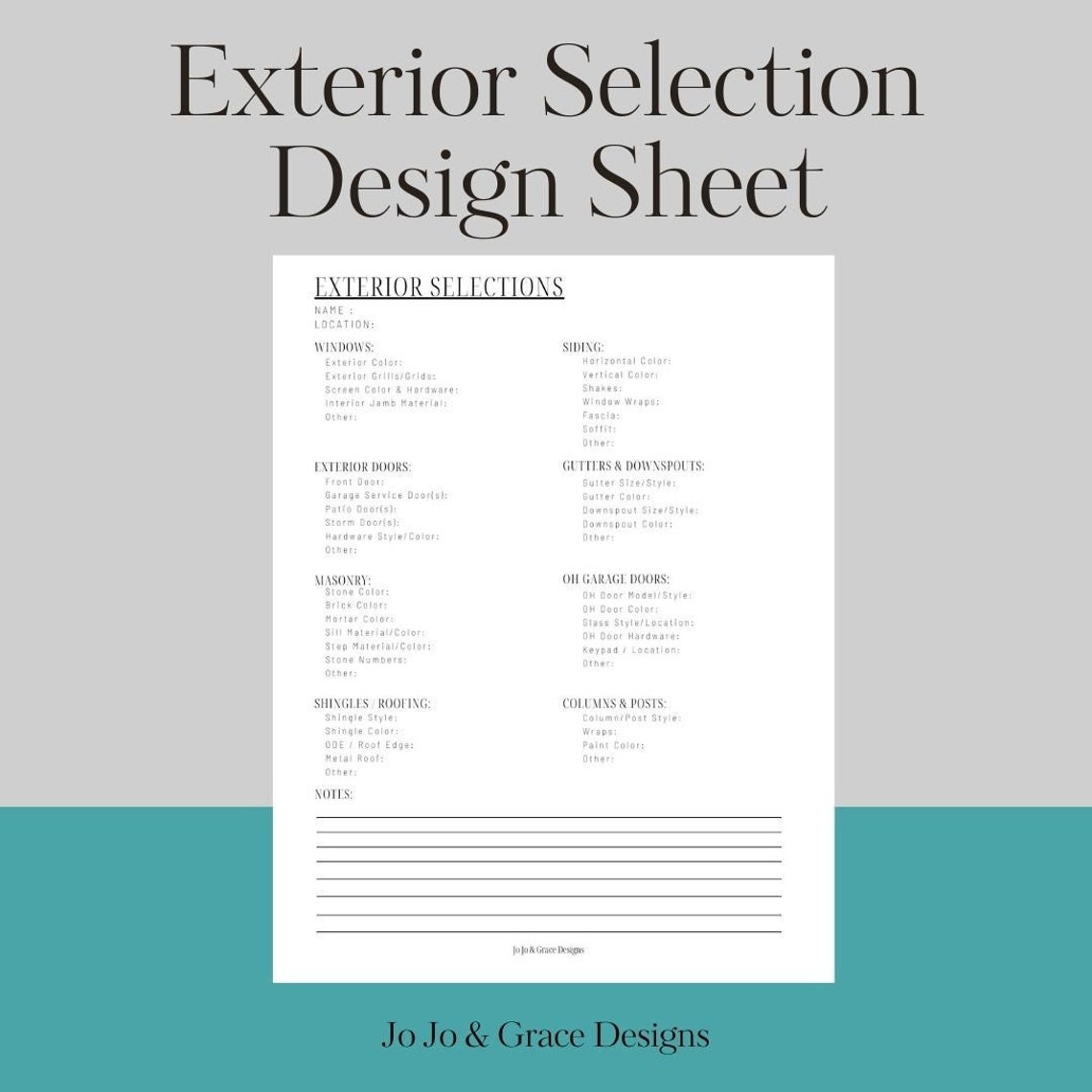 Exterior House Design Selection Sheet, Printable Builder Color ...