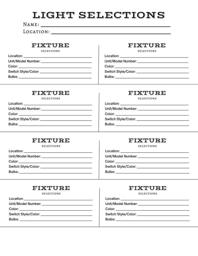 Light Fixture Selection Sheet, Building Product Sheet, Lighting Design ...