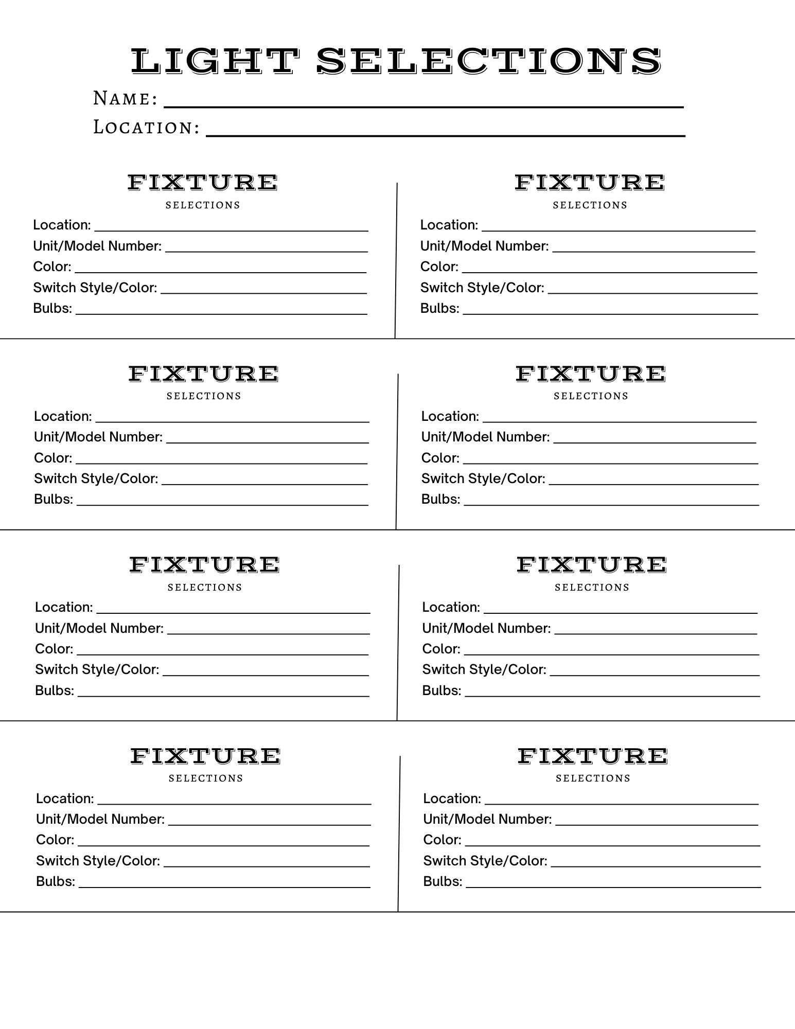 Light Fixture Selection Sheet, Building Product Sheet, Lighting Design ...