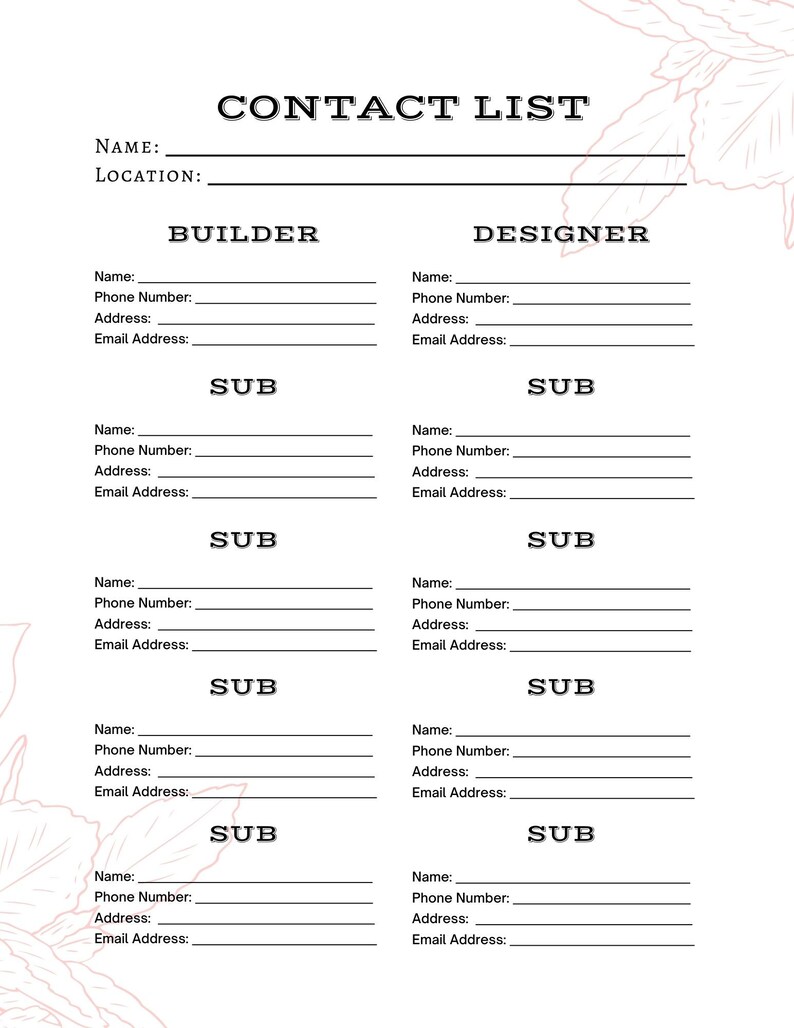 Construction Contact List: Builder & Designer Information (PDF) - Etsy