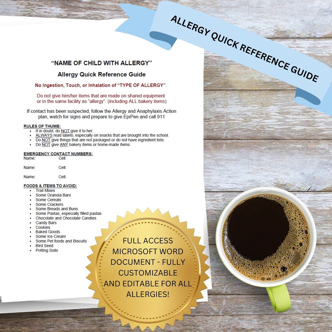 Child's Allergy Quick Reference Guide for School (microsoft Word ...