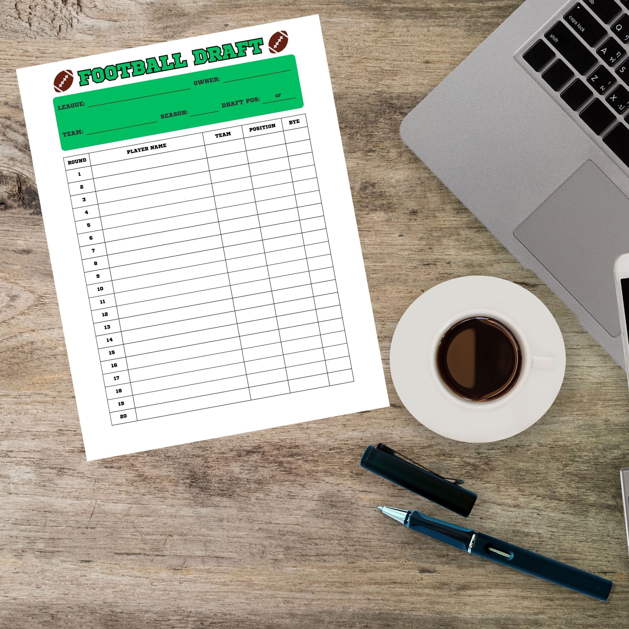 Football Draft Day Sheet, Fantasy Draft Printable, Drafting League ...
