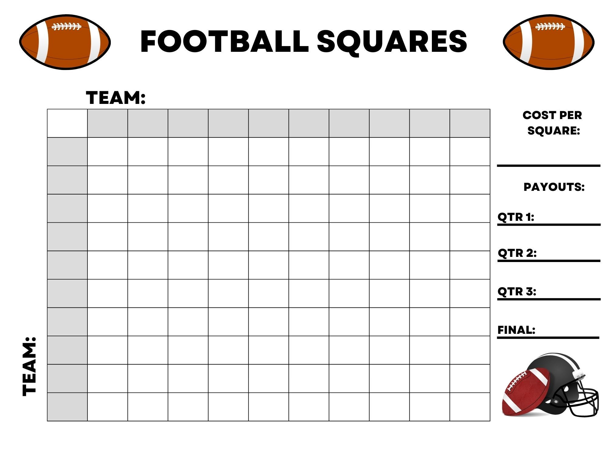 Football Squares Game Board: 100 Square Grid (digital Download) - Etsy