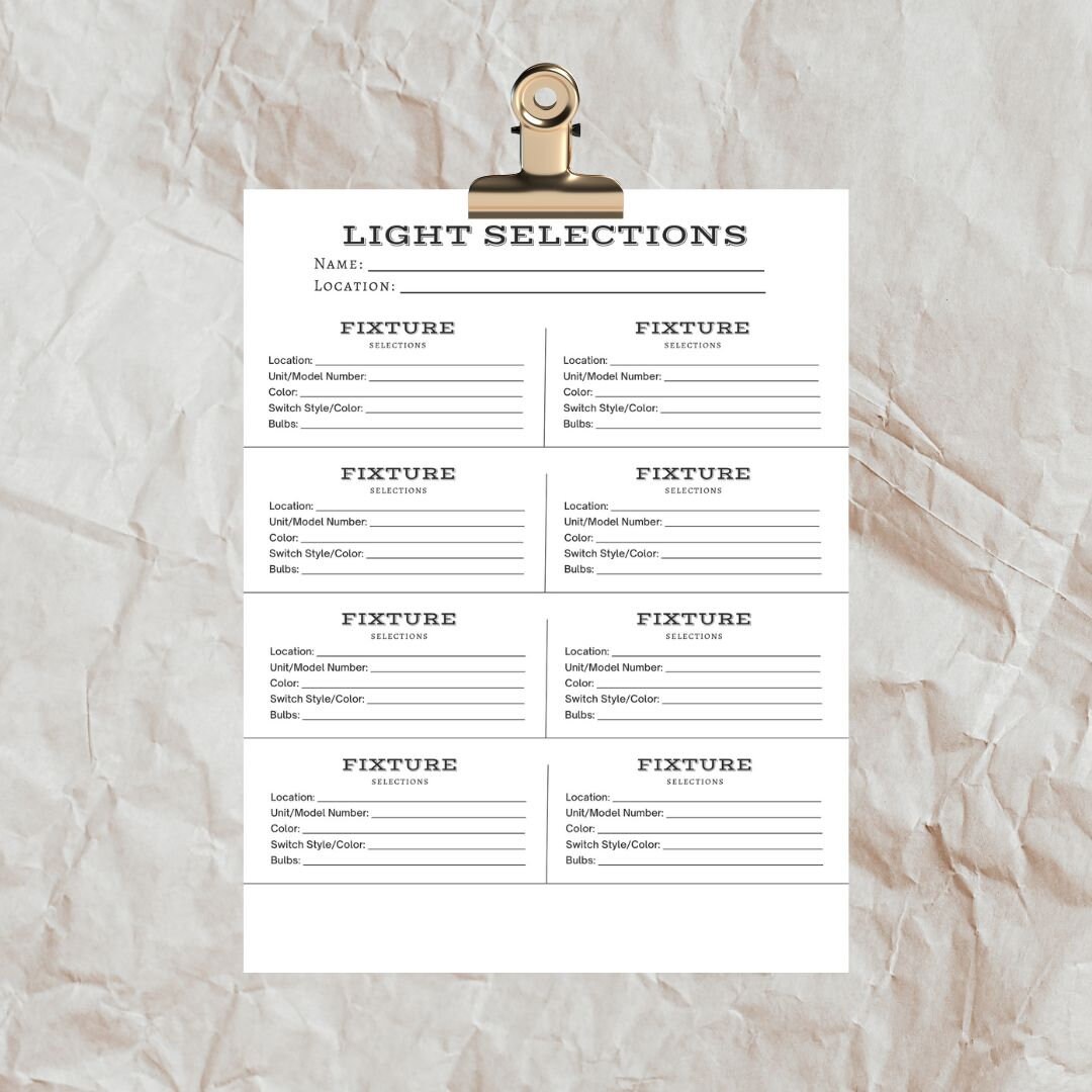 Light Fixture Selection Sheet Building Product Sheet - Etsy