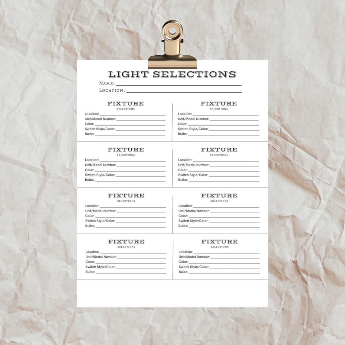Light Fixture Selection Sheet, Building Product Sheet, Lighting Design ...