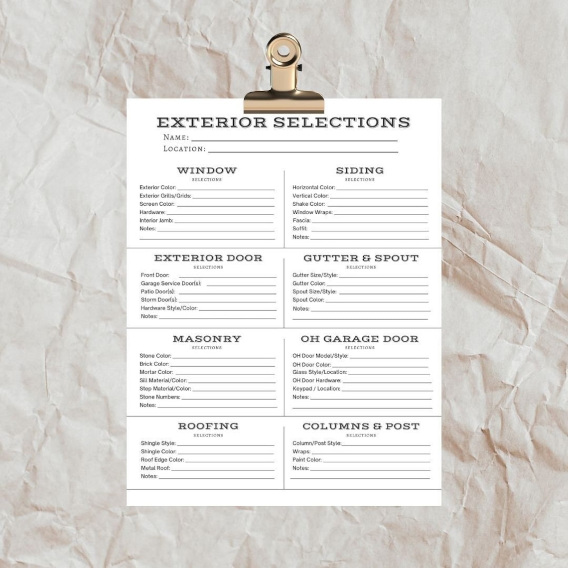 Exterior House Design Selection Sheet: Builder Color Selections ...