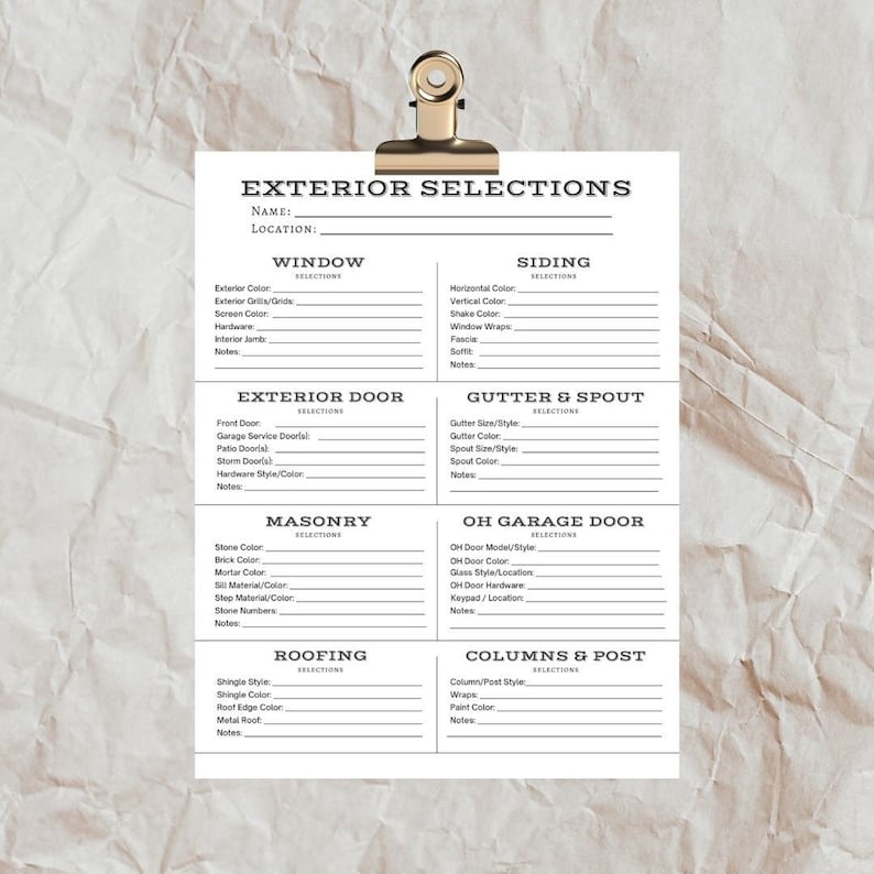 Exterior House Design Selection Sheet: Builder Color Selections ...