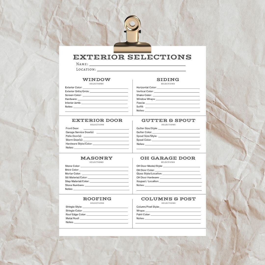 Exterior House Design Selection Sheet: Builder Color Selections ...