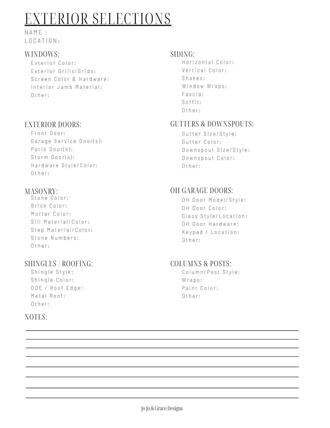 Exterior House Design Selection Sheet, Printable Builder Color ...