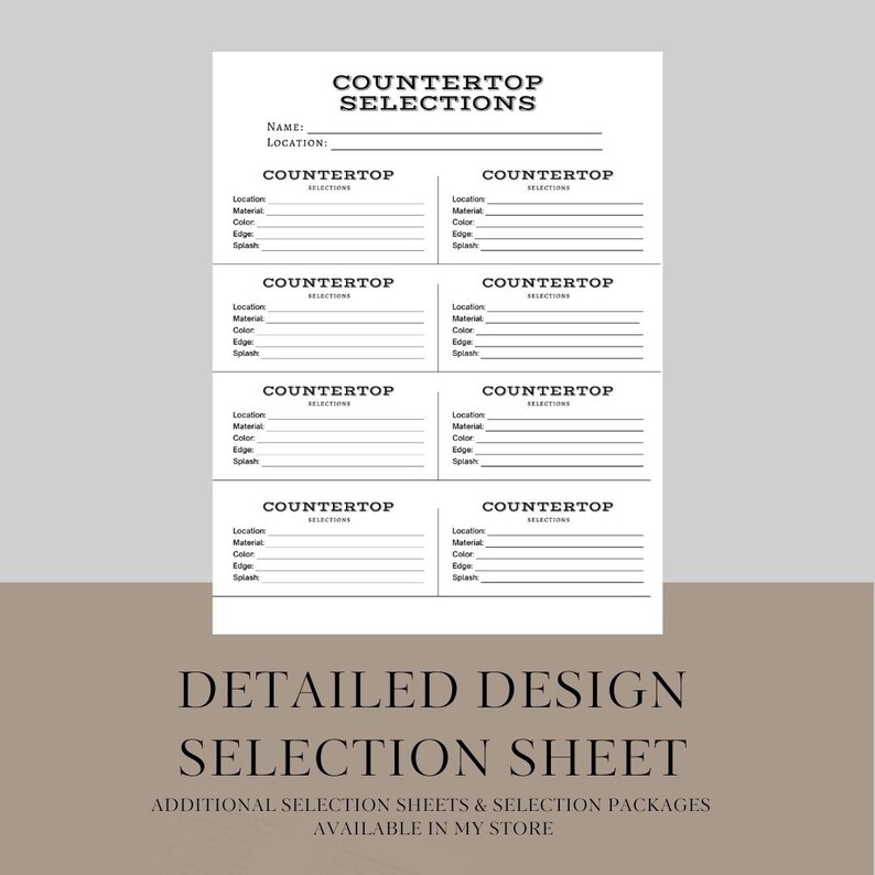 Countertop Design Selection Sheet, Home Building Product Template ...