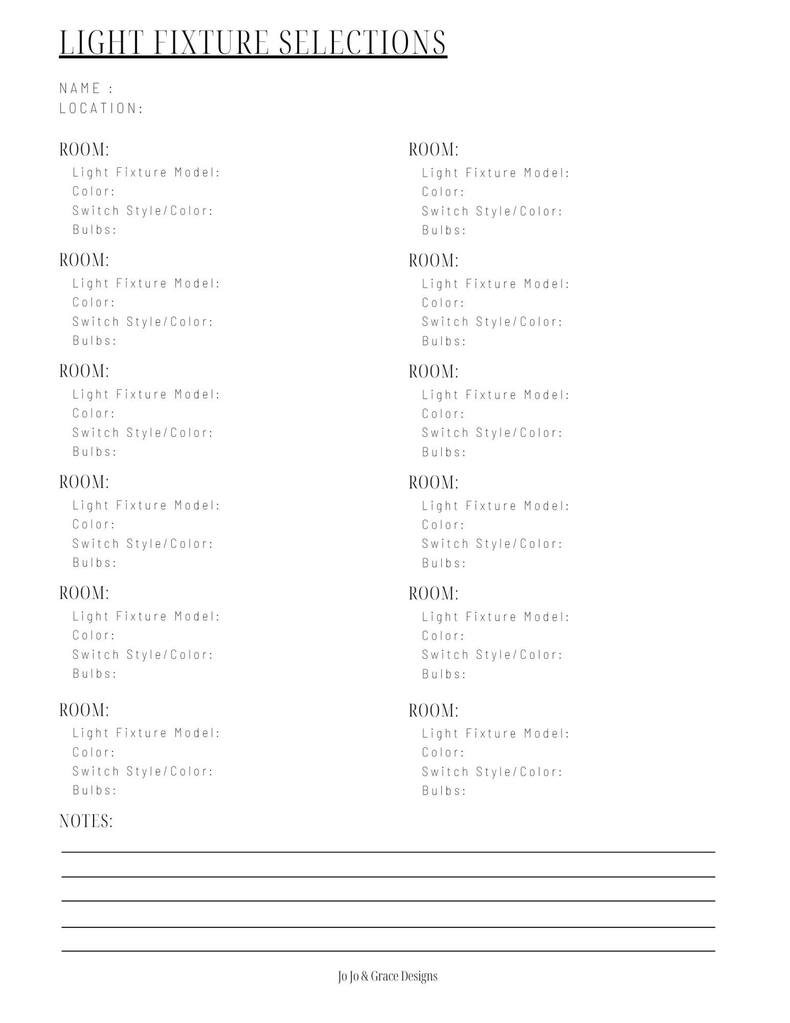Light Fixture Selection Sheet, Builder Color Selections, New Home ...