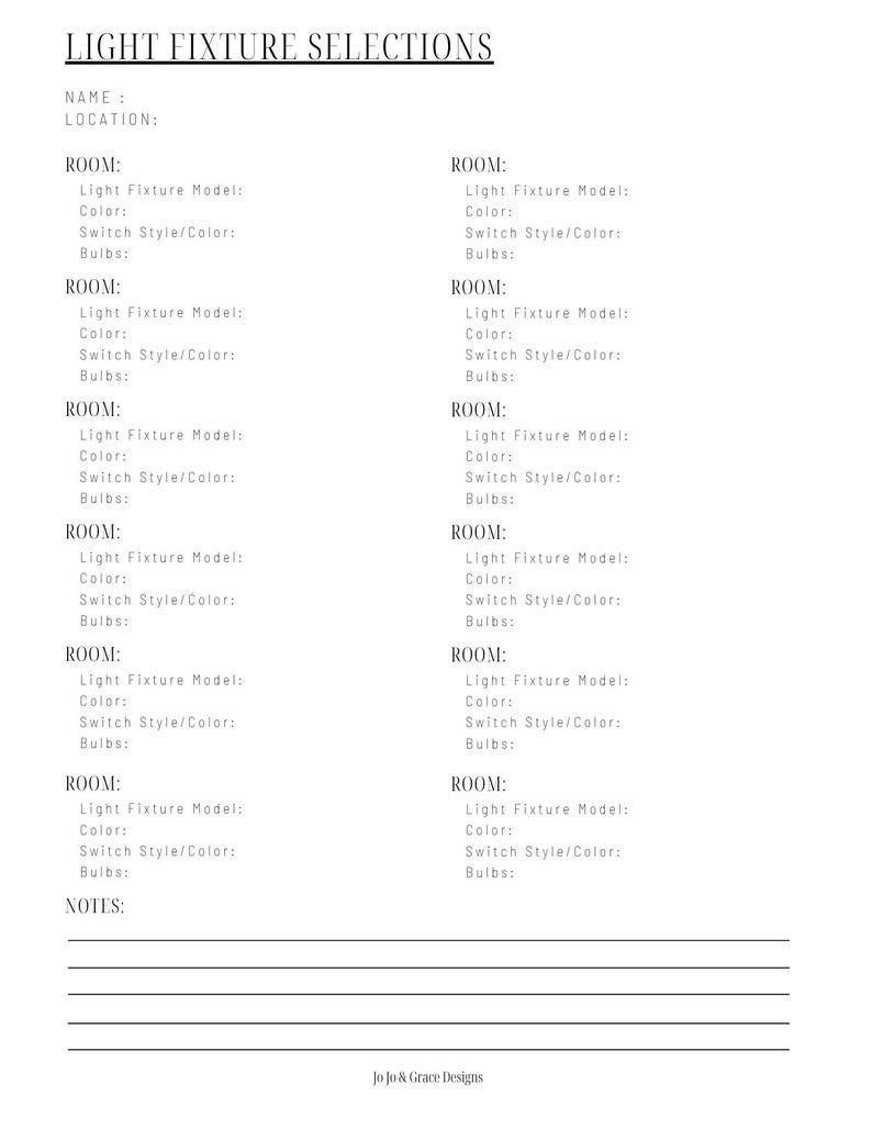 Light Fixture Selection Sheet, Builder Color Selections, New Home ...