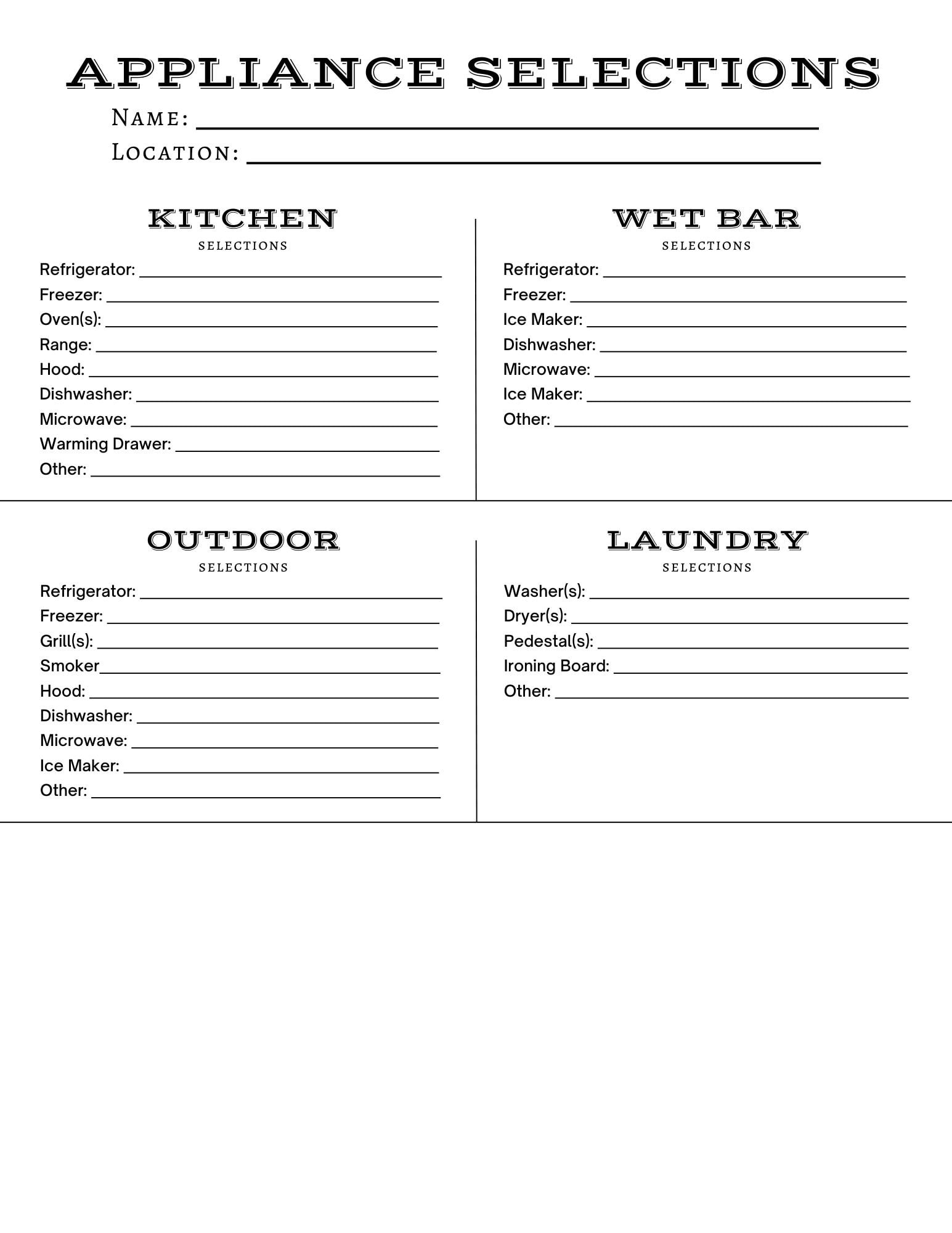Appliance Selection Design Sheet, Building Product Sheet, Builder ...