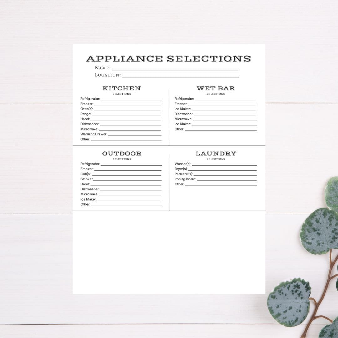 Appliance Selection Design Sheet, Building Product Sheet, Builder ...