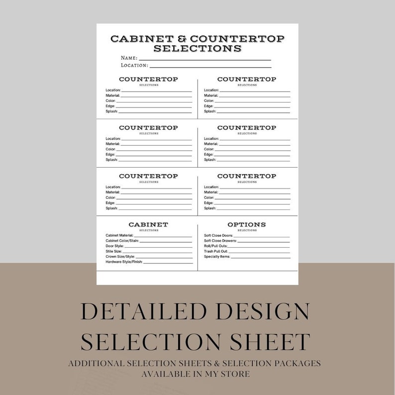 Cabinet and Countertop Selection Sheet, Home Building Product Sheet ...