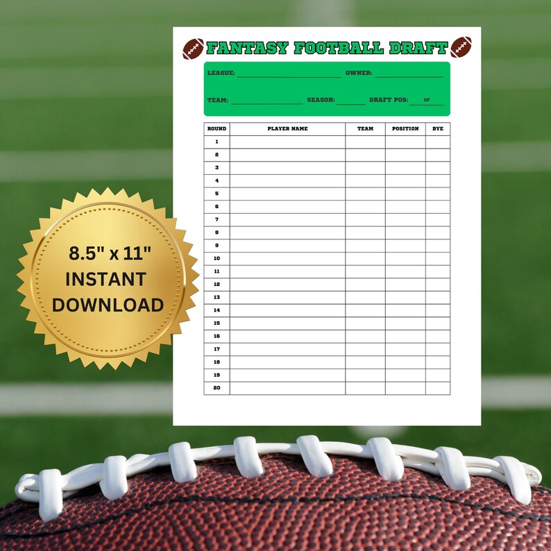 Fantasy Football Draft Sheet: Printable Draft Day Kit (PDF & JPEG) - Etsy