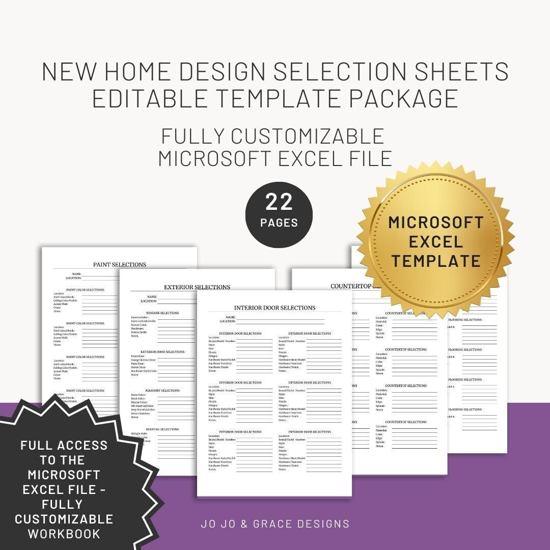 Home Design Selection Sheet: Customizable Excel Template (digital ...