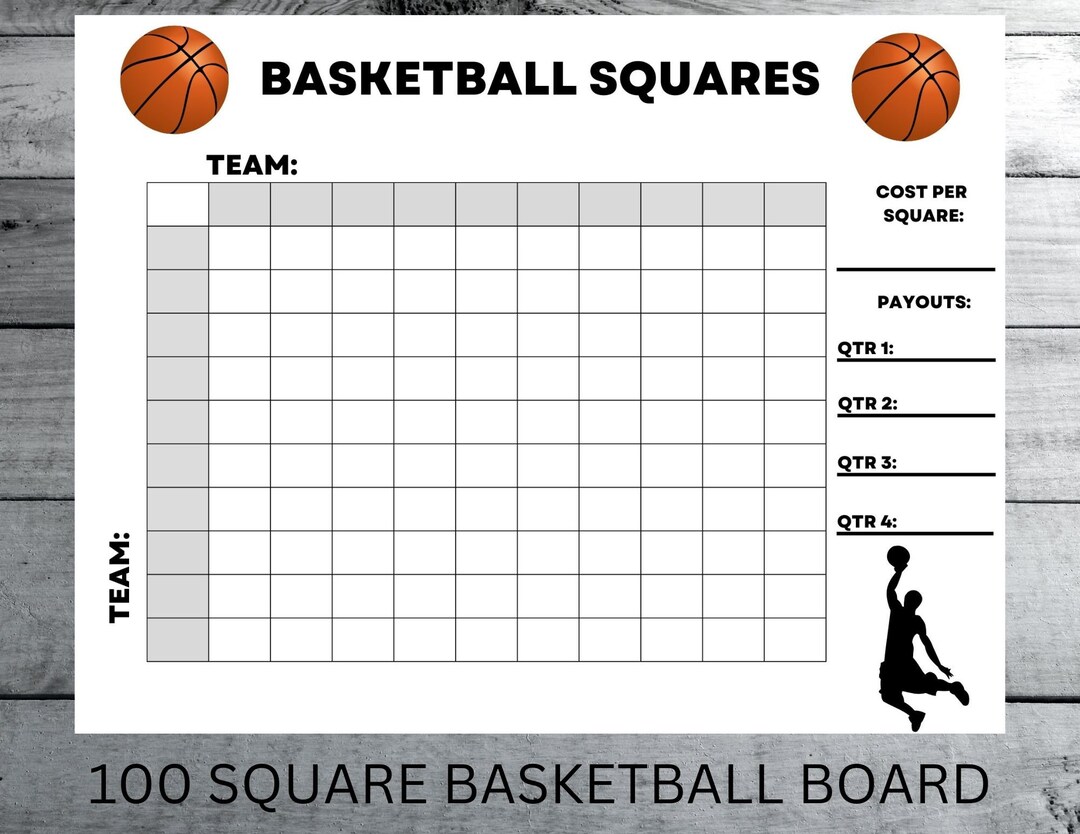 Basketball Squares Game: 100 Square Board, Four Quarters (digital ...