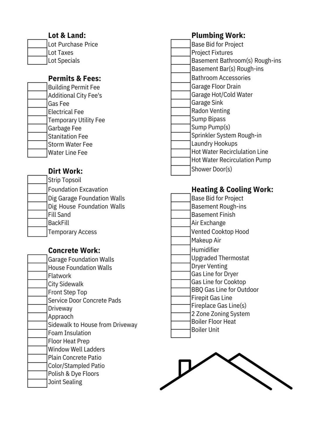 New Home Construction Estimating Checklist (printable PDF) - Etsy