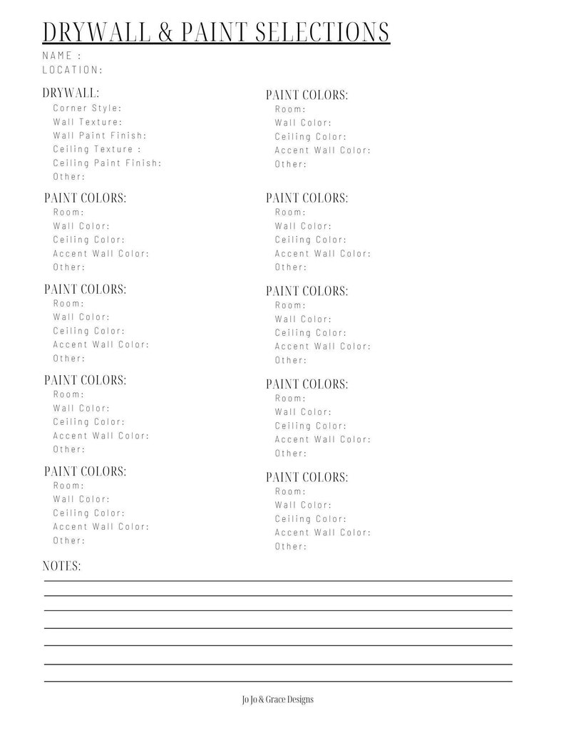 Paint Color and Drywall Selection Sheet, Builder Color Selections, New ...