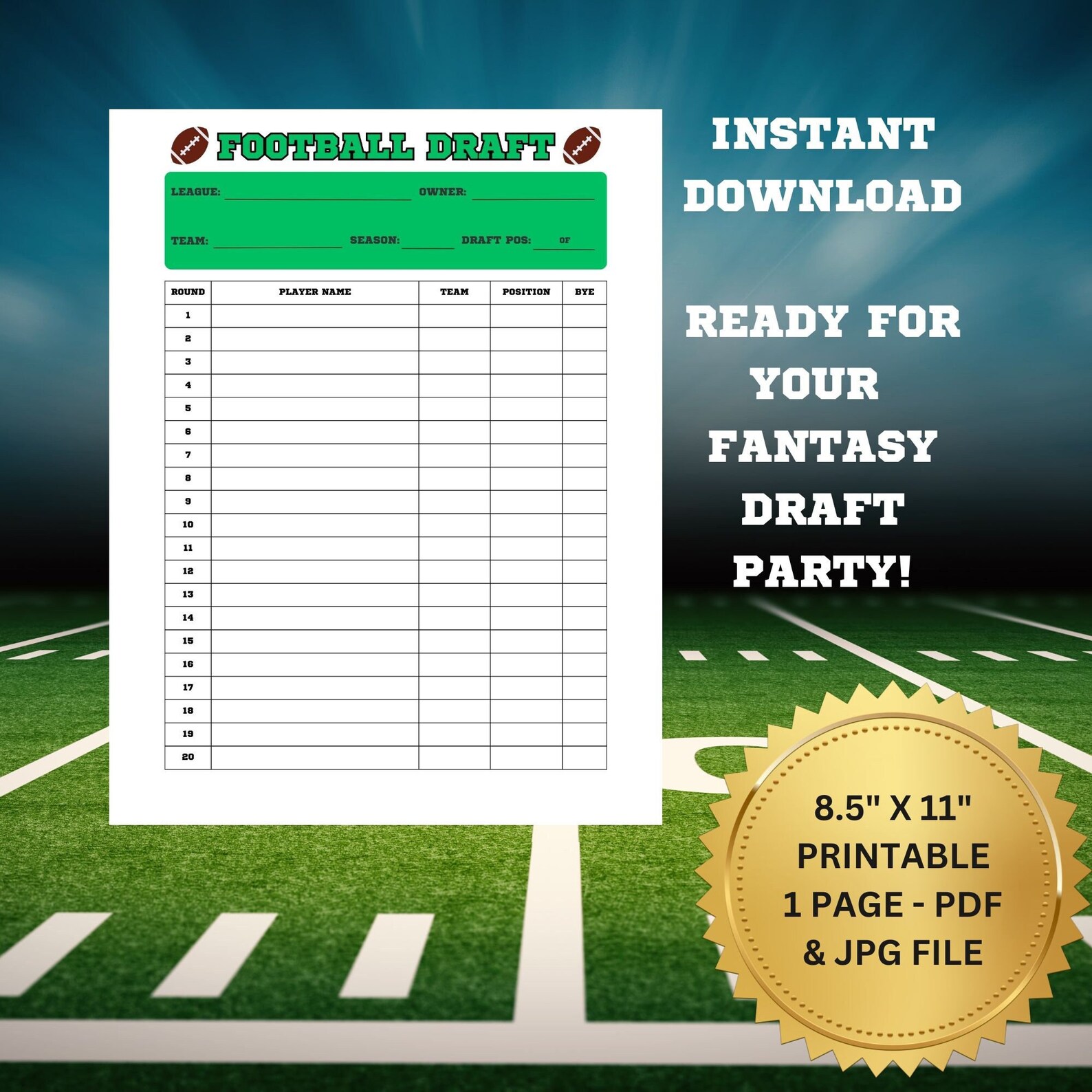 Football Draft Day Sheet, Fantasy Draft Printable, Drafting League ...