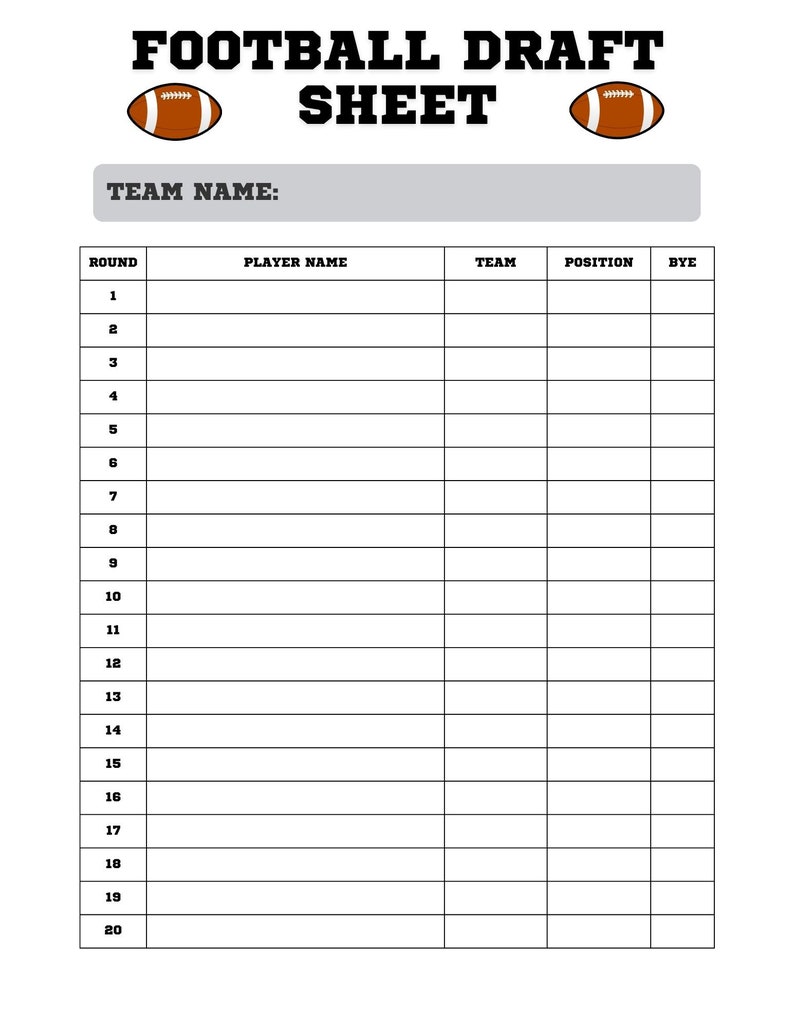 Football Party Draft Day Guide Sheet, Fantasy Draft Printable, Drafting ...