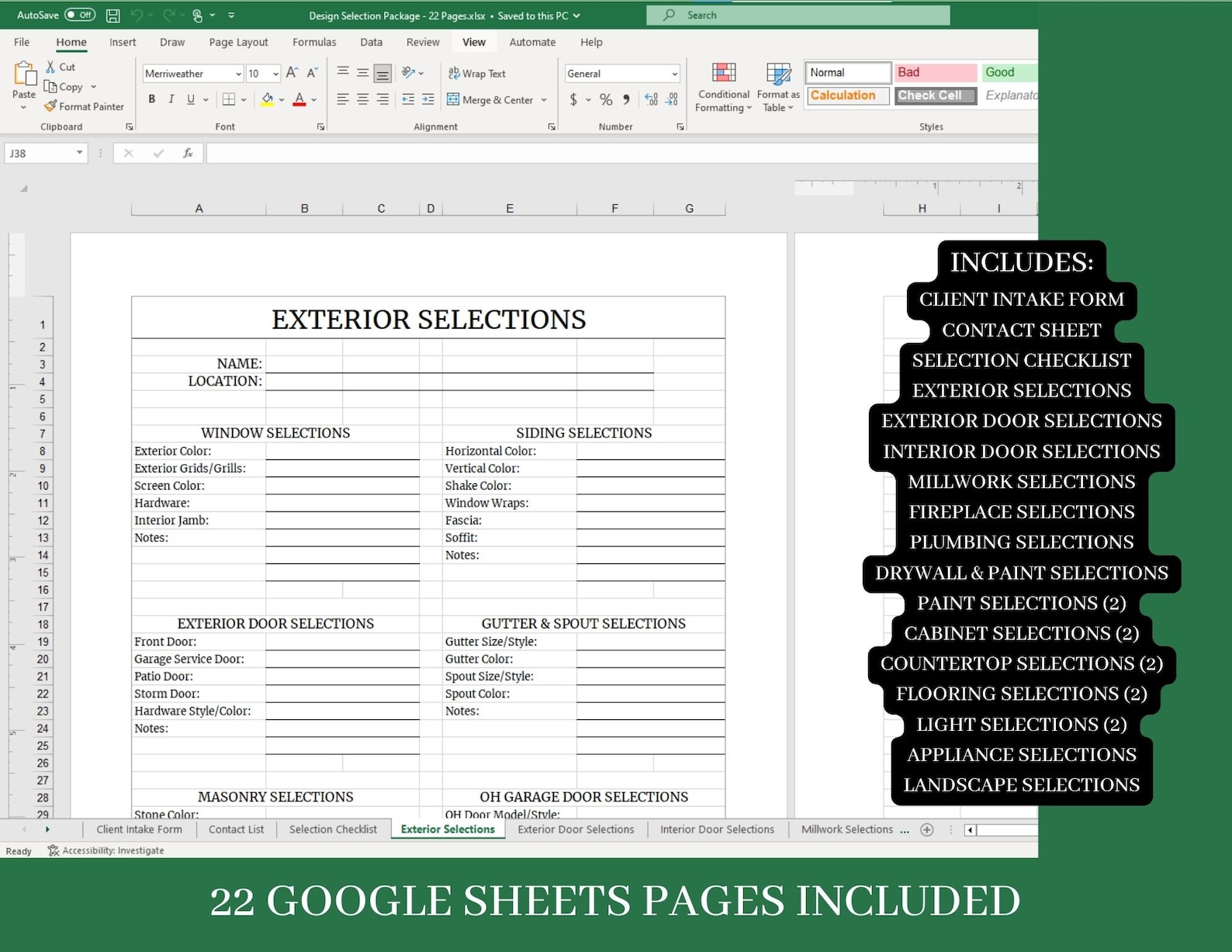 Home Design Selection Sheet: Customizable Excel Template (digital ...