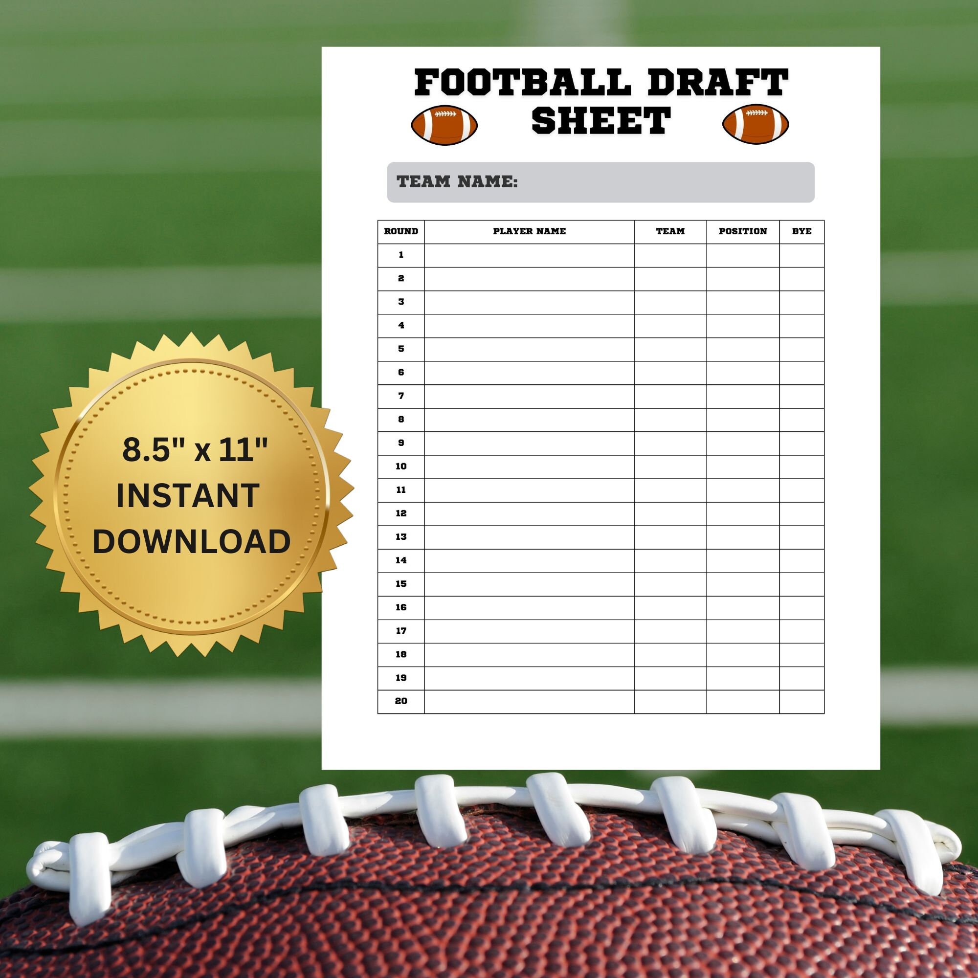 Football Draft Sheet: Fantasy Draft Printable (PDF & JPEG) - Etsy
