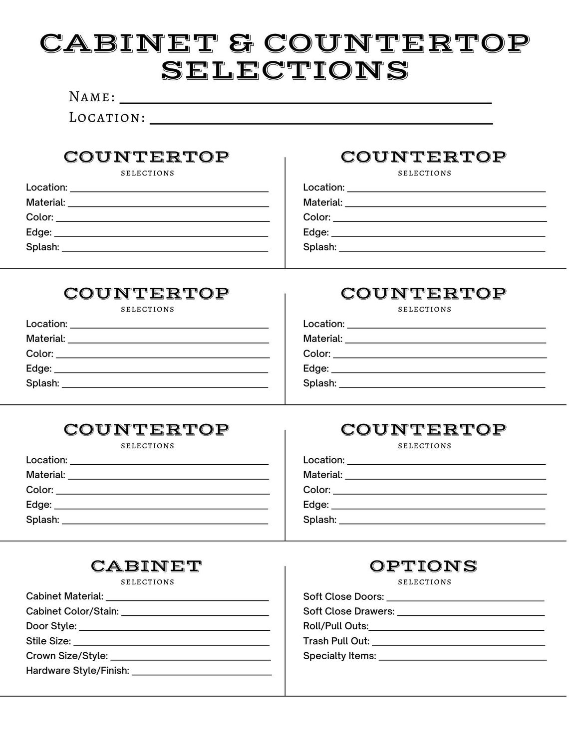 Cabinet and Countertop Selection Sheet, Home Building Product Sheet ...