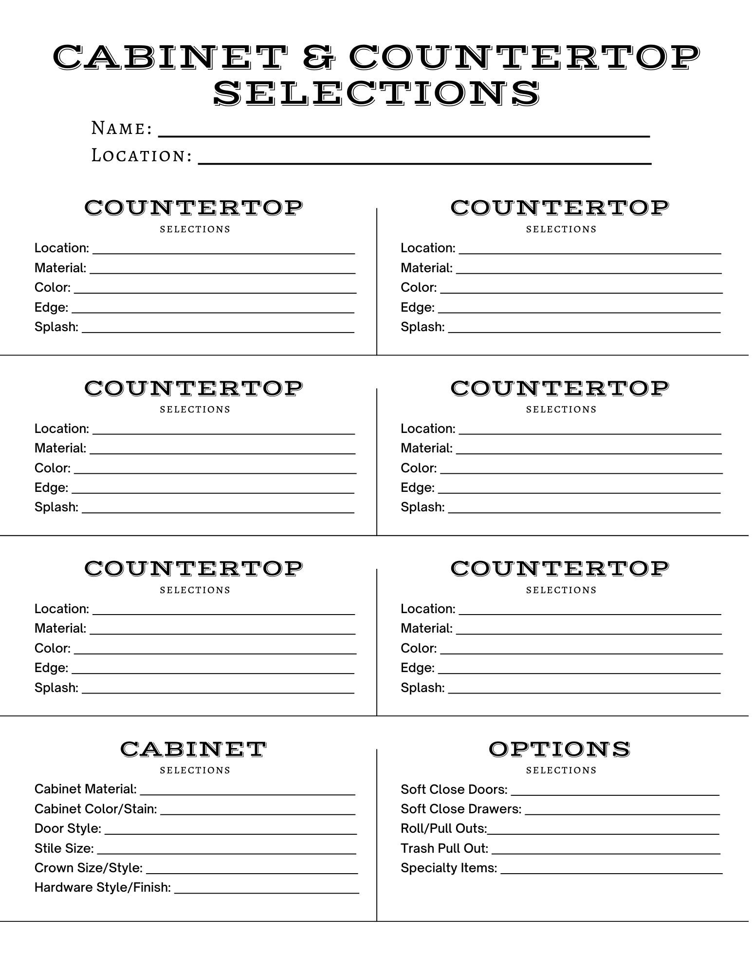 Cabinet and Countertop Selection Sheet, Home Building Product Sheet ...