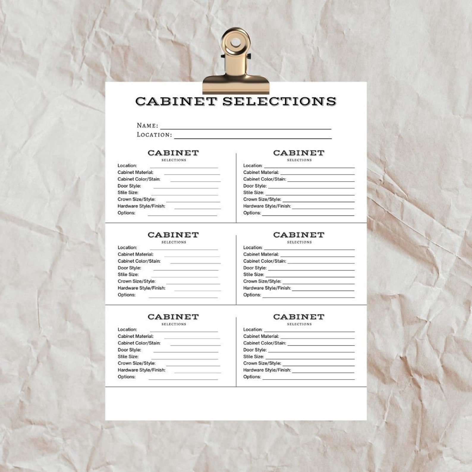 Cabinet Design Selection Sheet: Home Building Template (digital ...